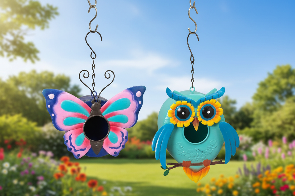 Metal Hanging Owl & Butterfly Bird Feeder-9.4"L – Hooked on Pickin'