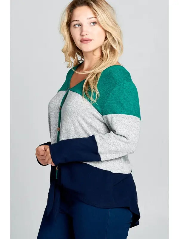 Plus Size Colorblock Button Top-Emerald/Grey/Navy – Hooked on Pickin'